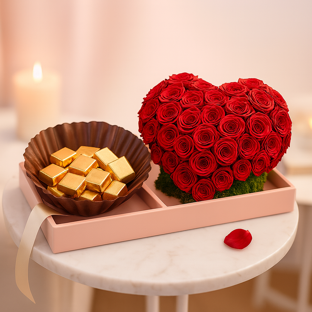 Heart Shaped Rose Arrangement with Patchi Chocolates – Sentiments.ae