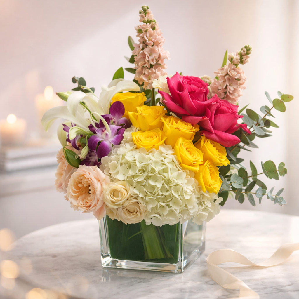 Vivid Colors Mixed Flowers on a Glass Vase – Sentiments.ae